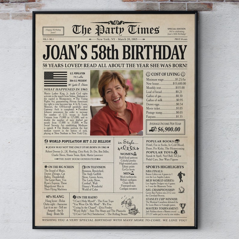 58th Birthday Newspaper Poster Sign Personalized Birthday - Etsy