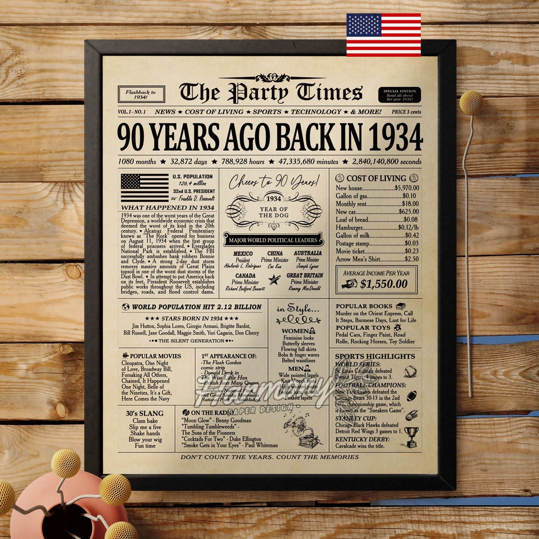 90 Years Ago Back in 1934, 90th Birthday Gift for Grandma or Grandpa ...