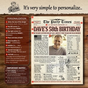 58th Birthday Newspaper Poster Sign, Personalized 58th Birthday Posters ...