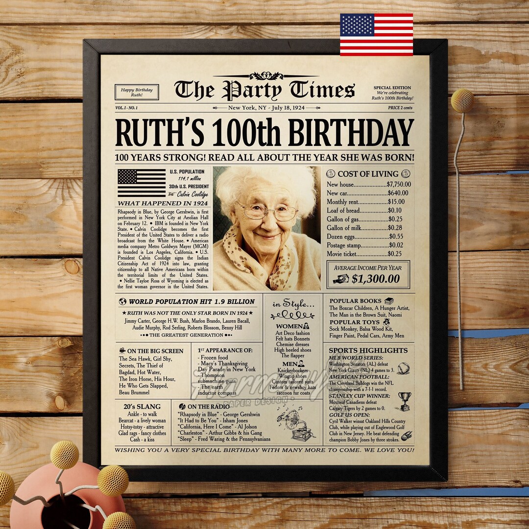 100th Birthday Gift, 100th Birthday Newspaper Poster Sign, 100 Years ...