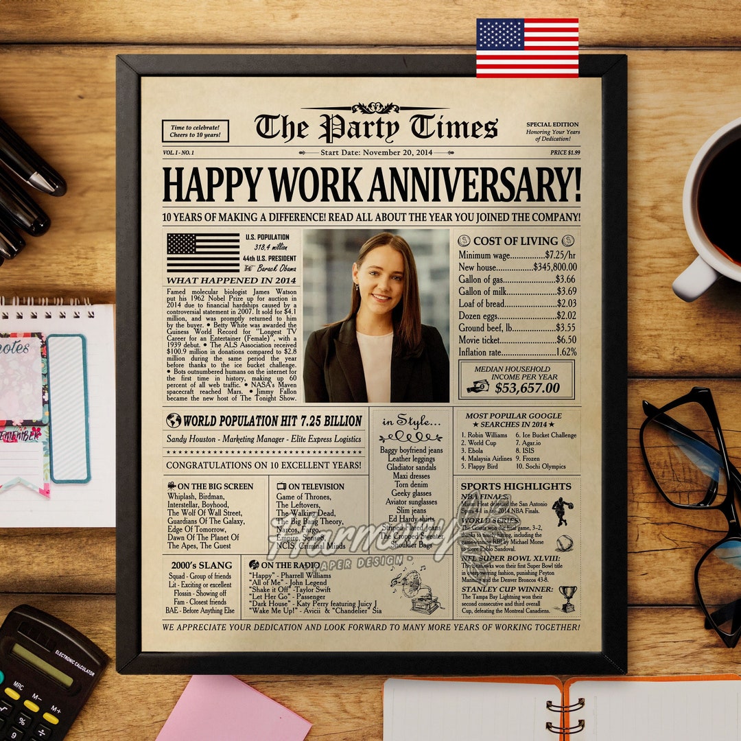 Personalized Newspaper Work Anniversary Gift, ANY YEAR, 10 Year Work ...