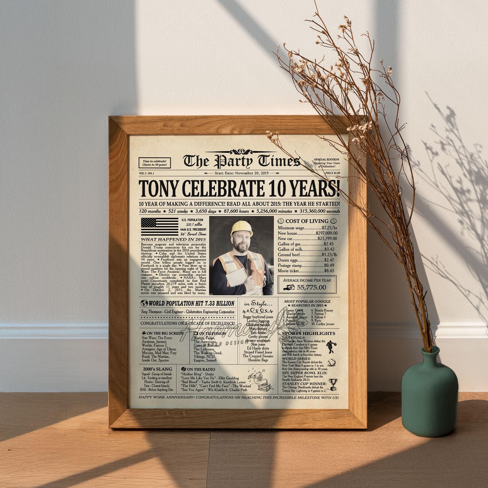 Work Anniversary Gift, Personalized Work Anniversary Newspaper Poster ...