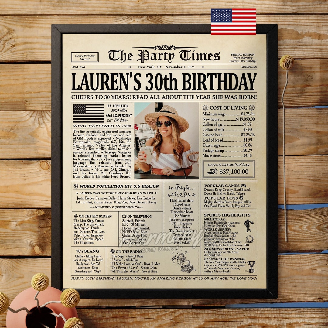 30th Birthday Gift for Her or Him, Personalized 30th Birthday Newspaper ...