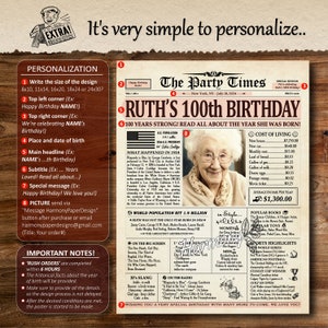 100th Birthday Gift, 100th Birthday Newspaper Poster Sign, 100 Years ...