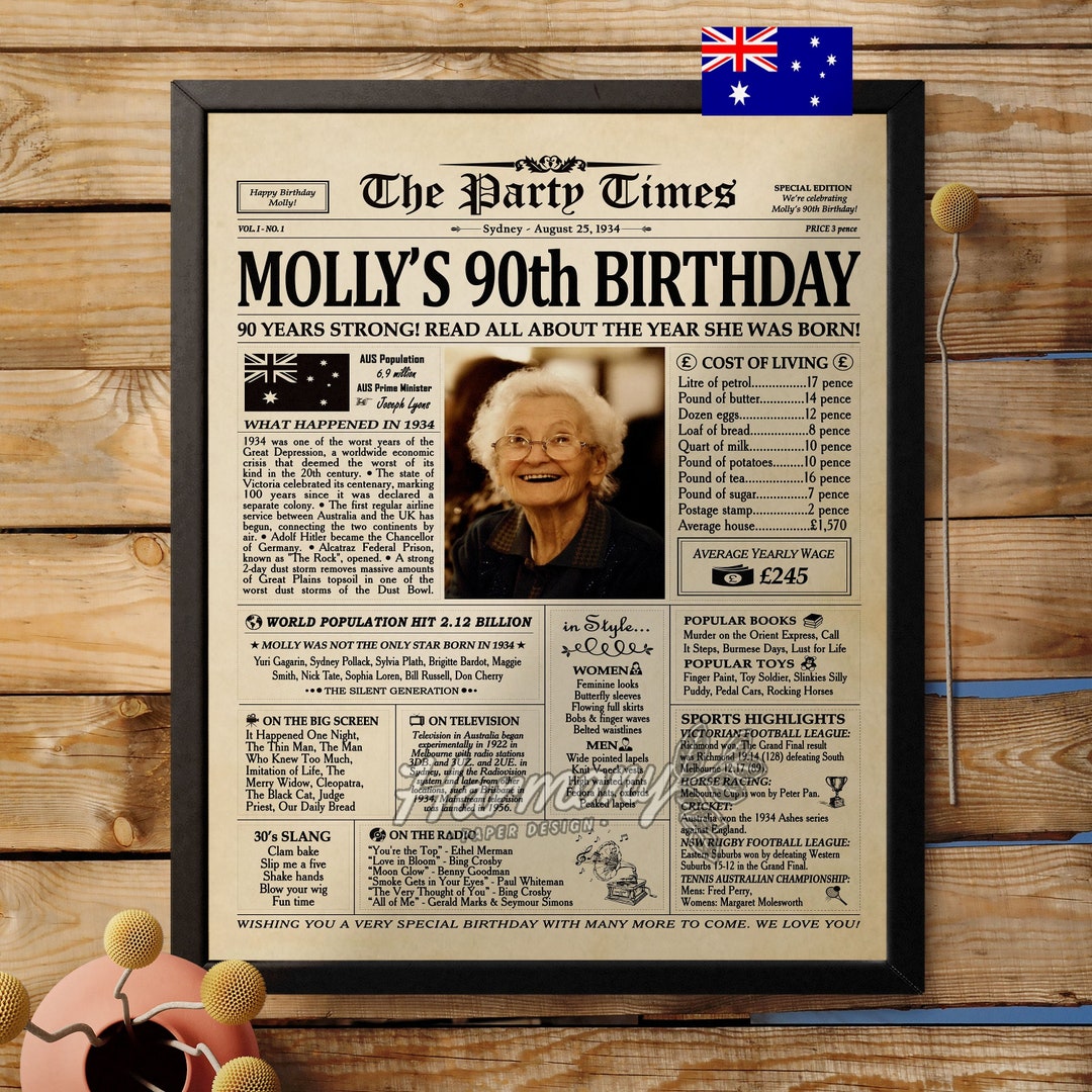 90th Birthday Gift for Grandma or Grandpa, AUSTRALIA, 1934 Birthday ...