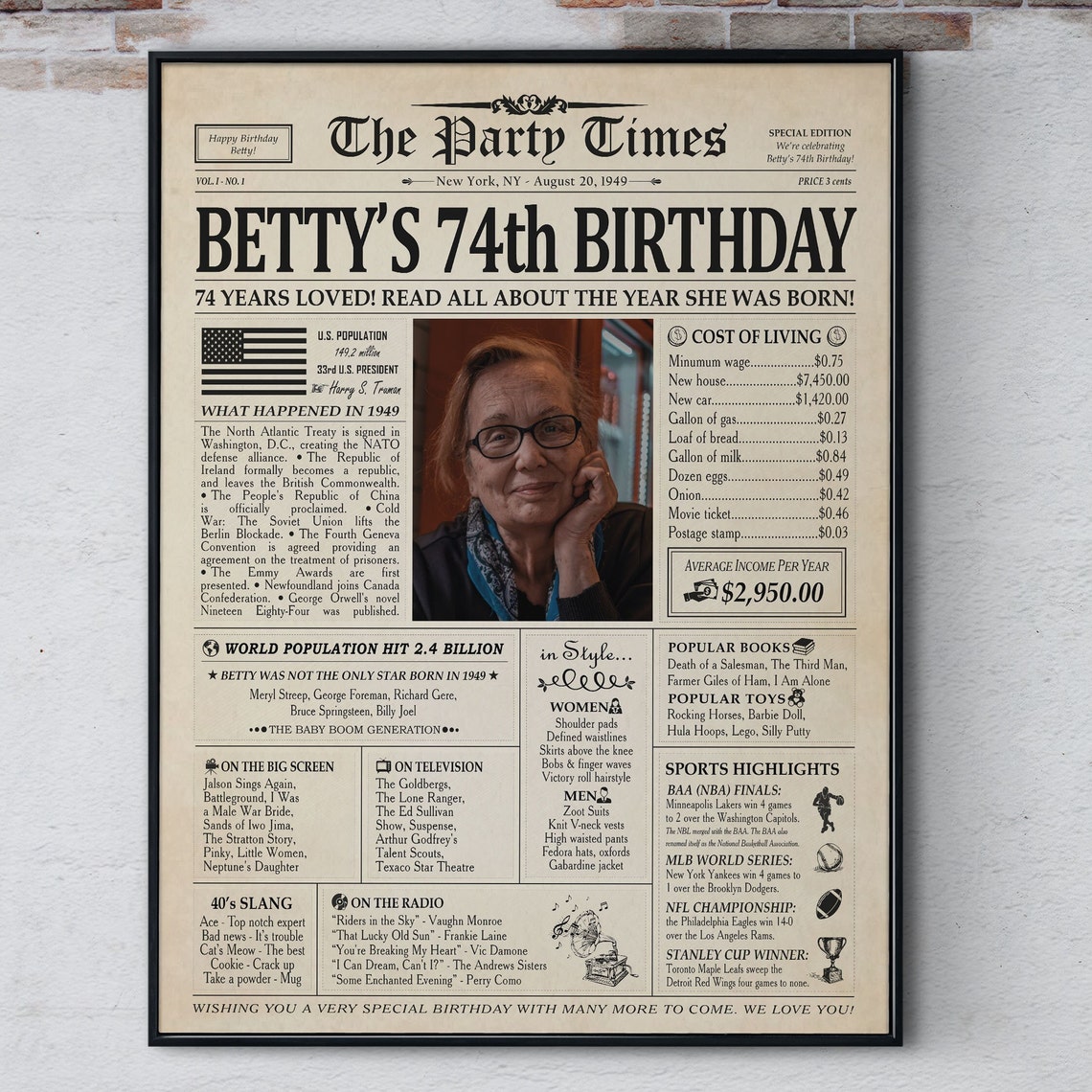 74th Birthday Newspaper Poster Sign Personalized Birthday - Etsy