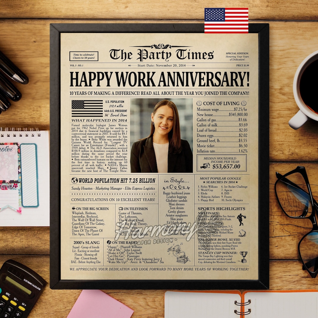 Personalized Newspaper Work Anniversary Gift, ANY YEAR, 10 Year Work ...