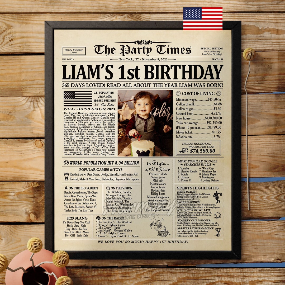 1st Birthday Newspaper Poster Sign, 1st Birthday Gift for Son or ...