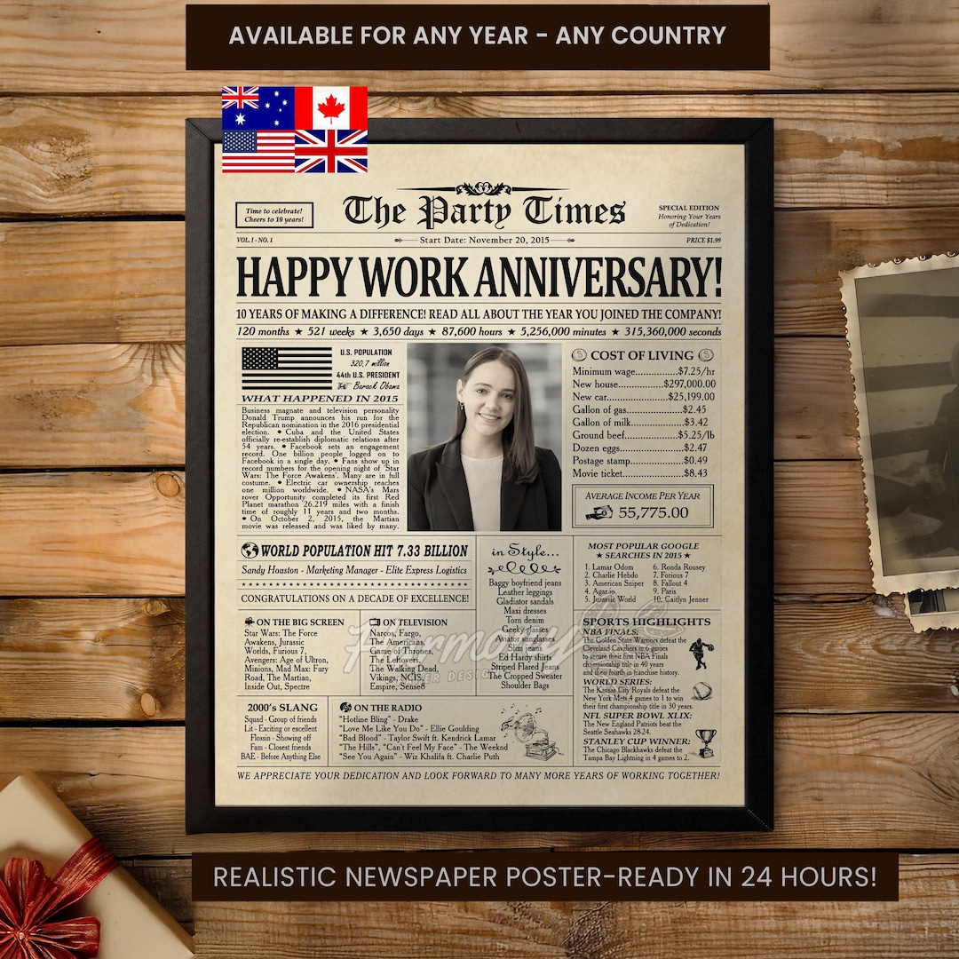 Personalized Newspaper Work Anniversary Gift, ANY YEAR, 10 Year Work ...
