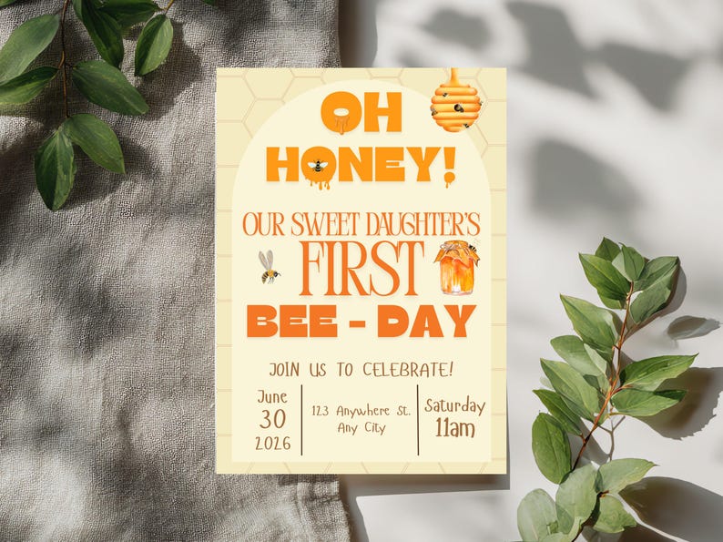 Honey Bee First Birthday Invitation, Editable Bumble Bee Template ...