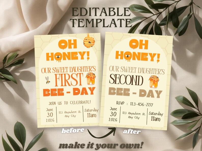 Honey Bee First Birthday Invitation, Editable Bumble Bee Template ...