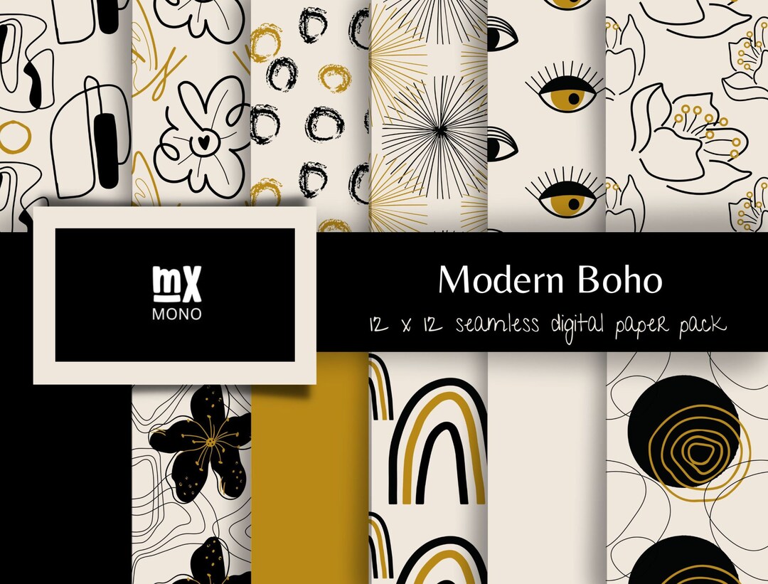 Black & Ivory Boho Digital Paper Pack: Abstract Seamless Patterns ...