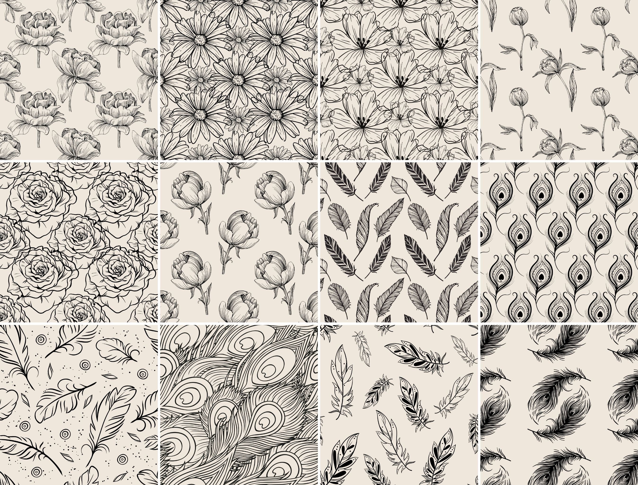 Black & Ivory Digital Paper Set, Seamless Pattern, Boho Patterns ...