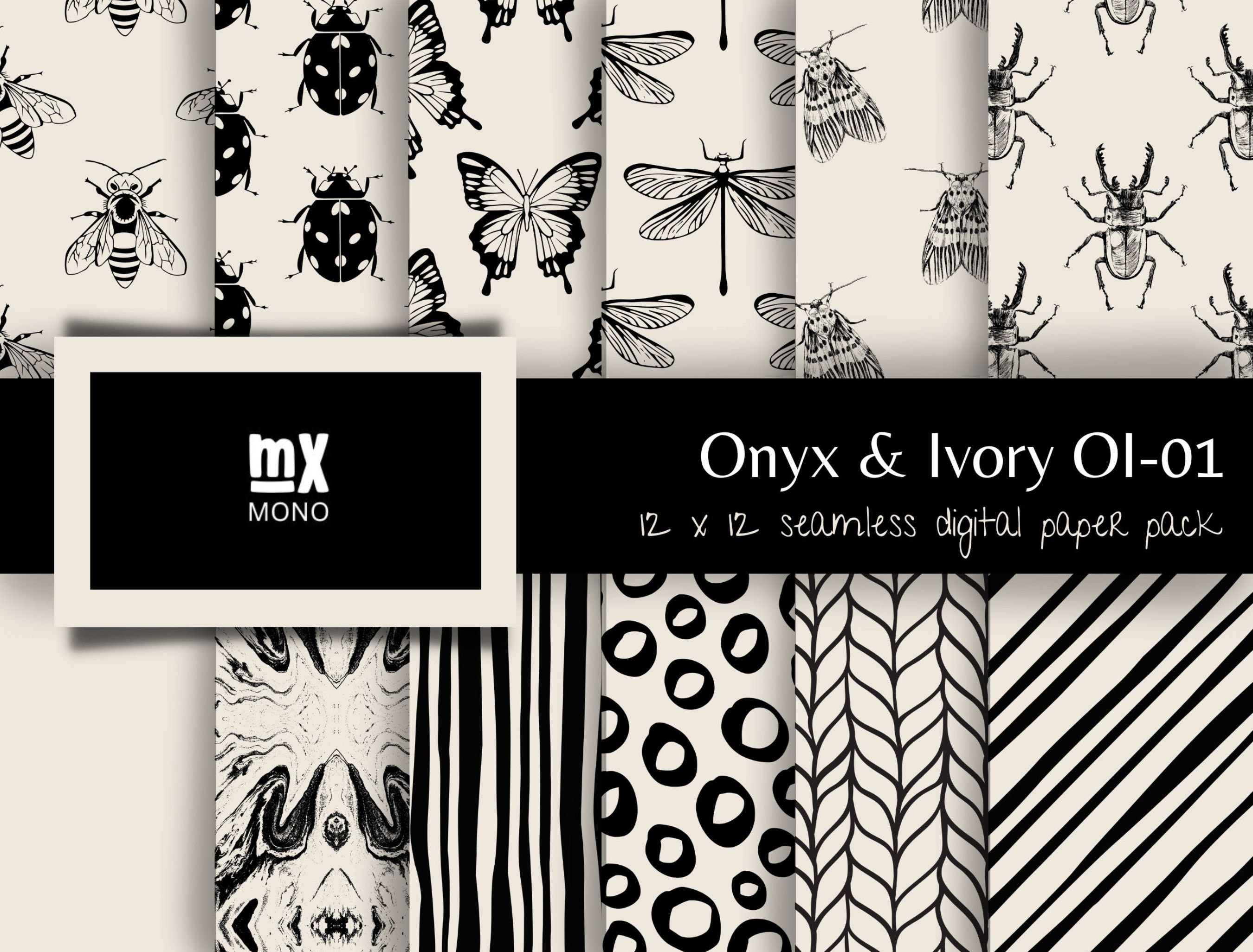 Black & Ivory Digital Paper Set, Seamless Pattern, Boho Patterns ...