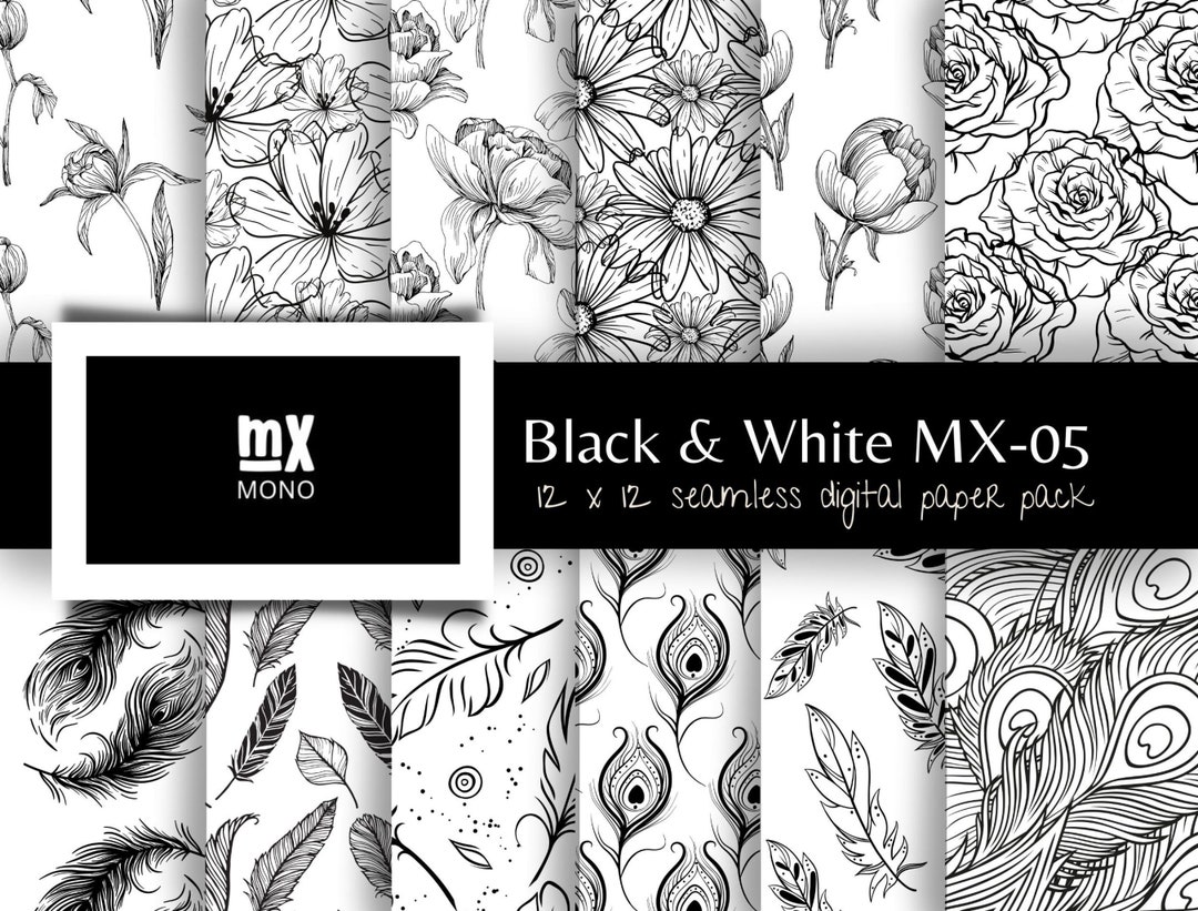 Black & White Digital Paper Set Seamless Pattern Boho Patterns Floral ...
