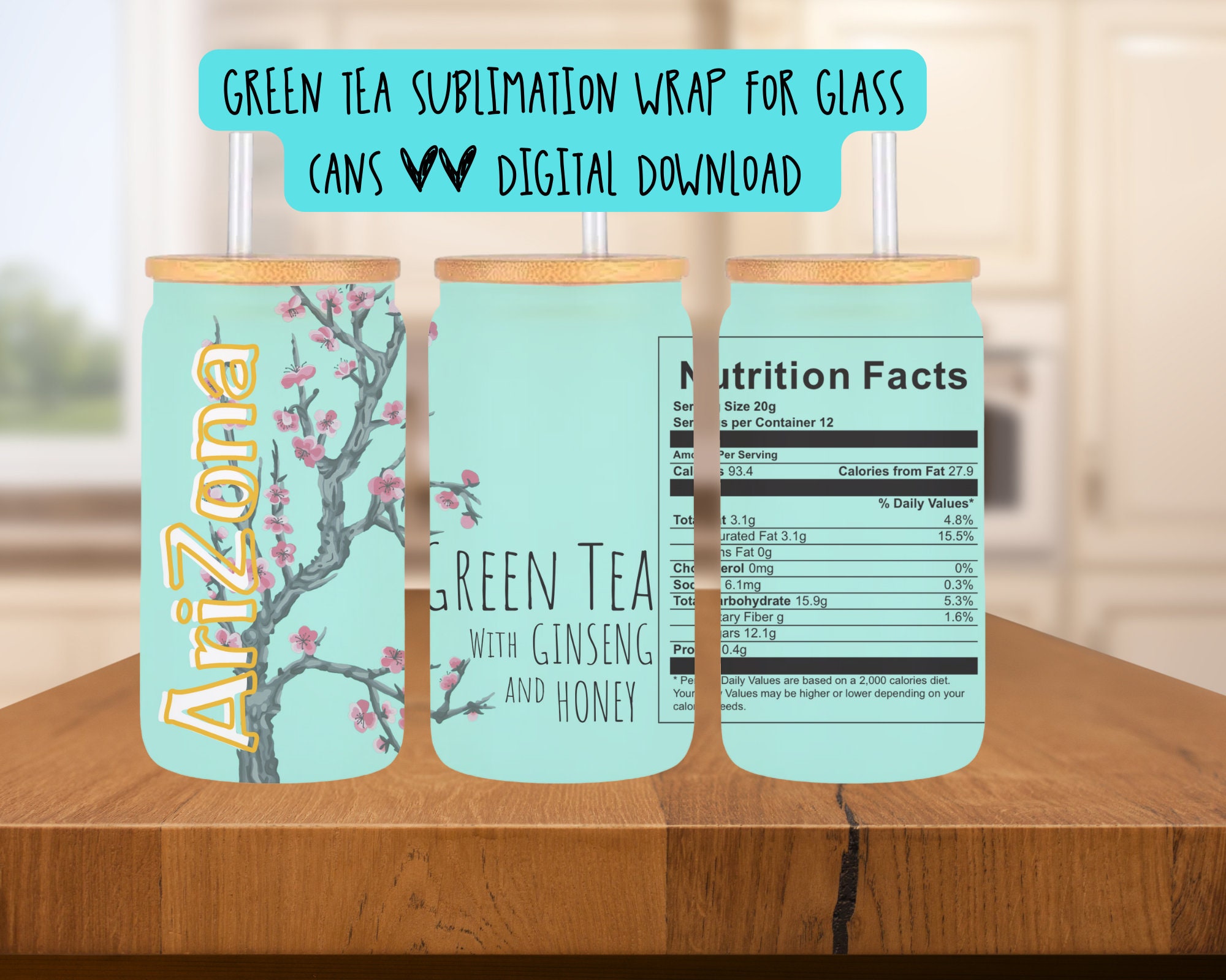 DIGITAL | Arizona Green Tea | PNG | 16oz | Glass Wrap Sublimation Libby ...
