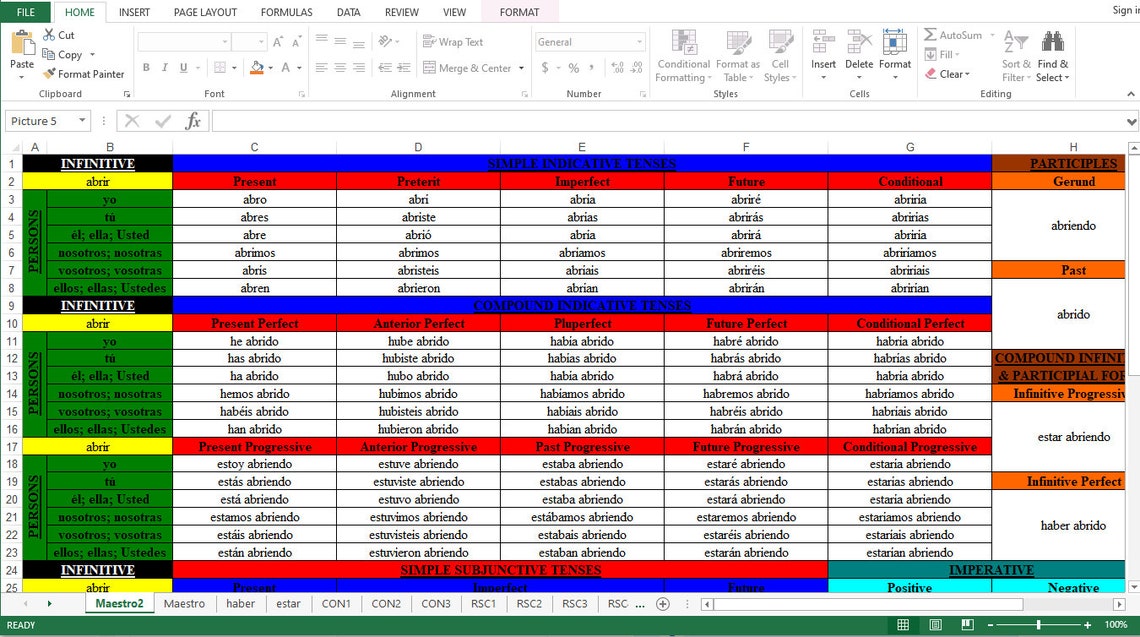 Spanish Verb Conjugation Chart_ Automated Excel Spreadsheet for ...