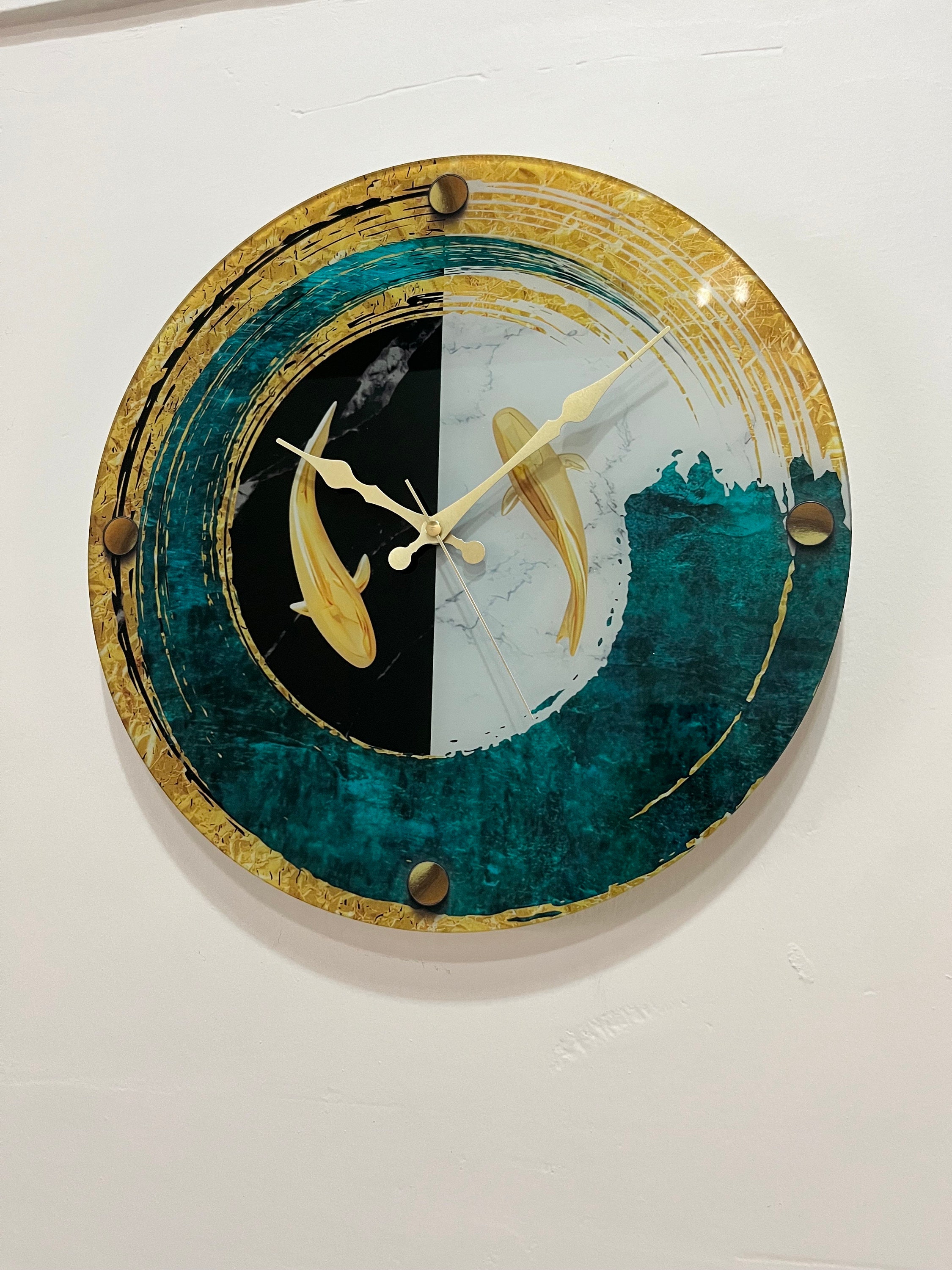 Large Wall Clock, Golden Fishes Wall Clock, Tempered Glass Wall Clock ...