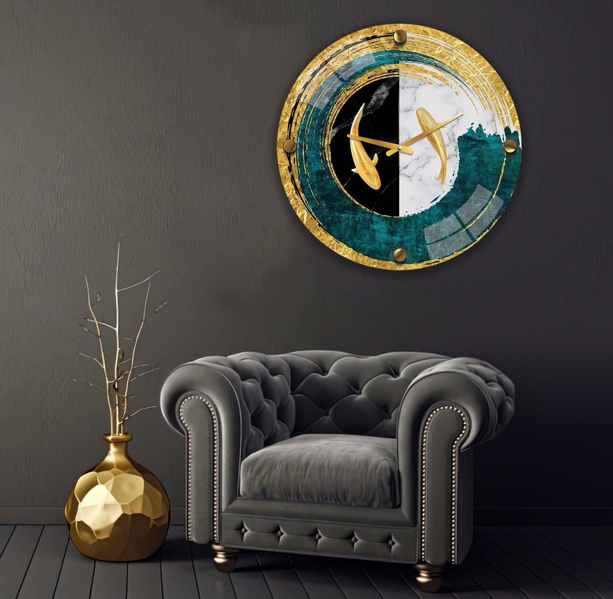 Large Wall Clock, Golden Fishes Wall Clock, Tempered Glass Wall Clock ...