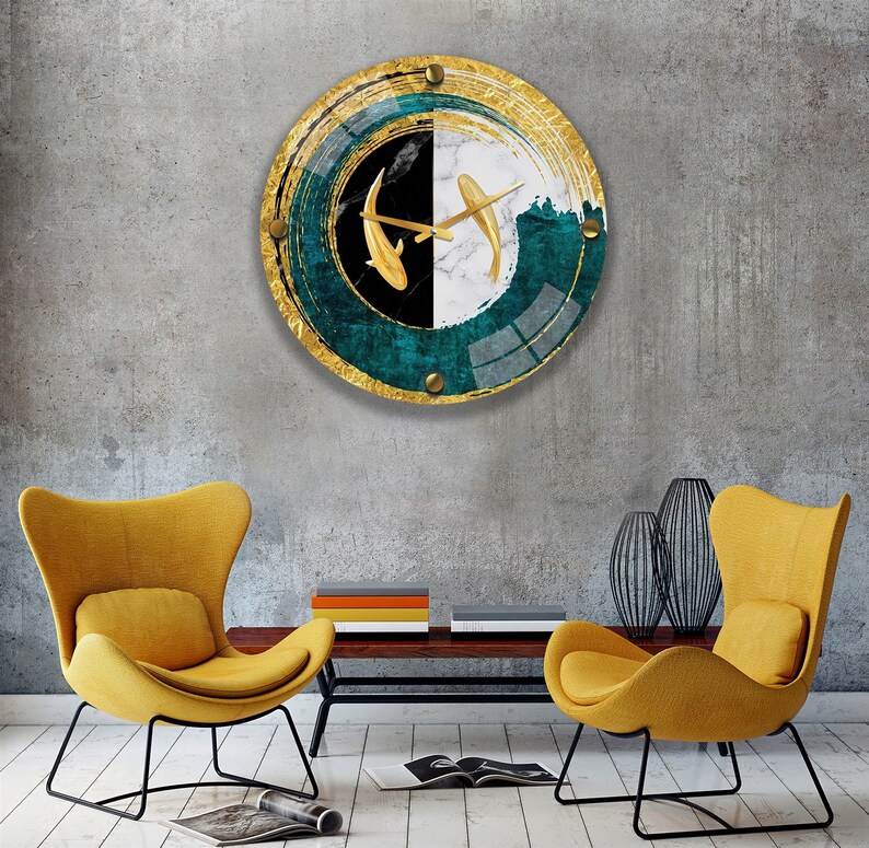 Large Wall Clock, Golden Fishes Wall Clock, Tempered Glass Wall Clock ...