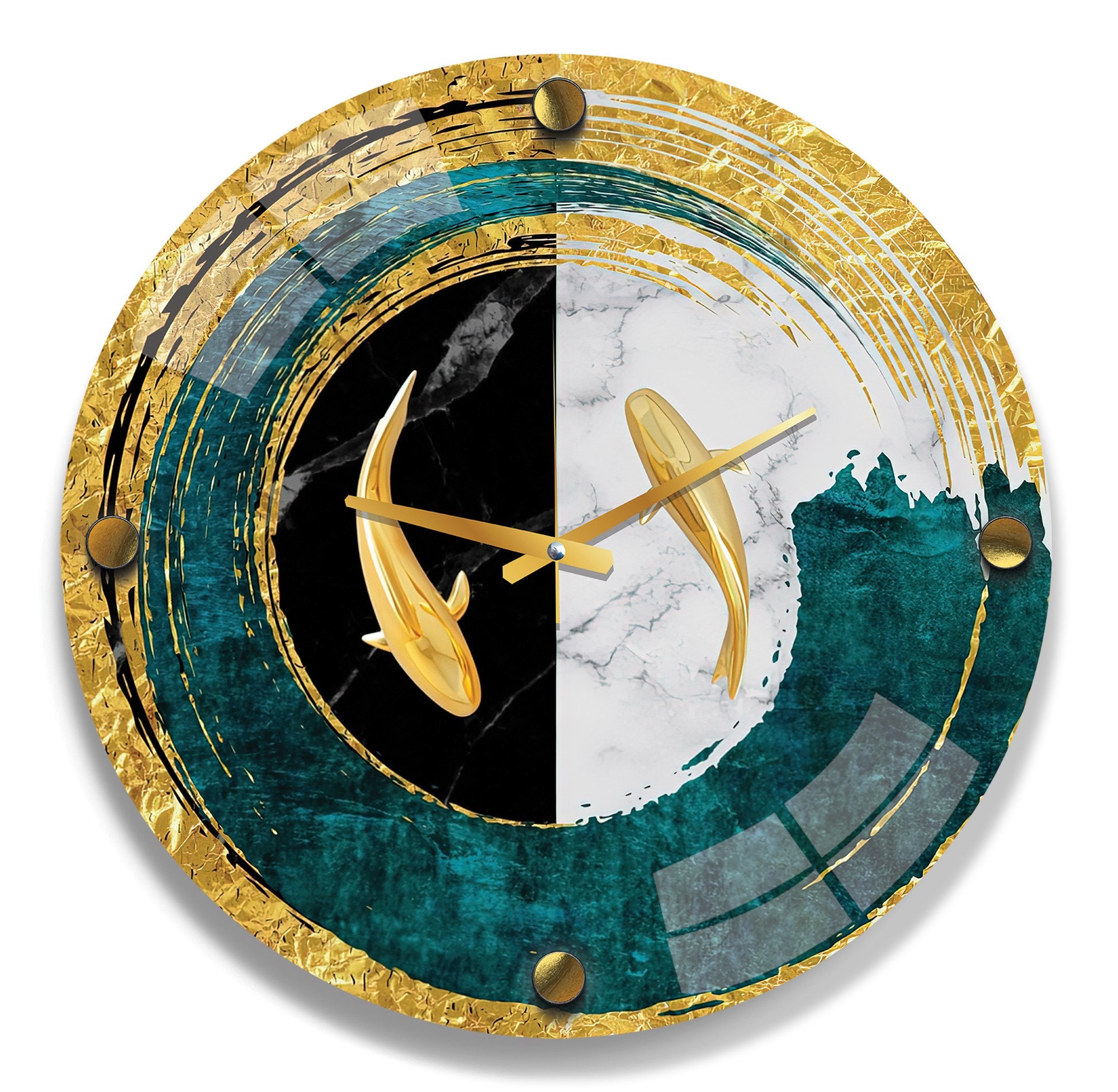 Large Wall Clock, Golden Fishes Wall Clock, Tempered Glass Wall Clock ...
