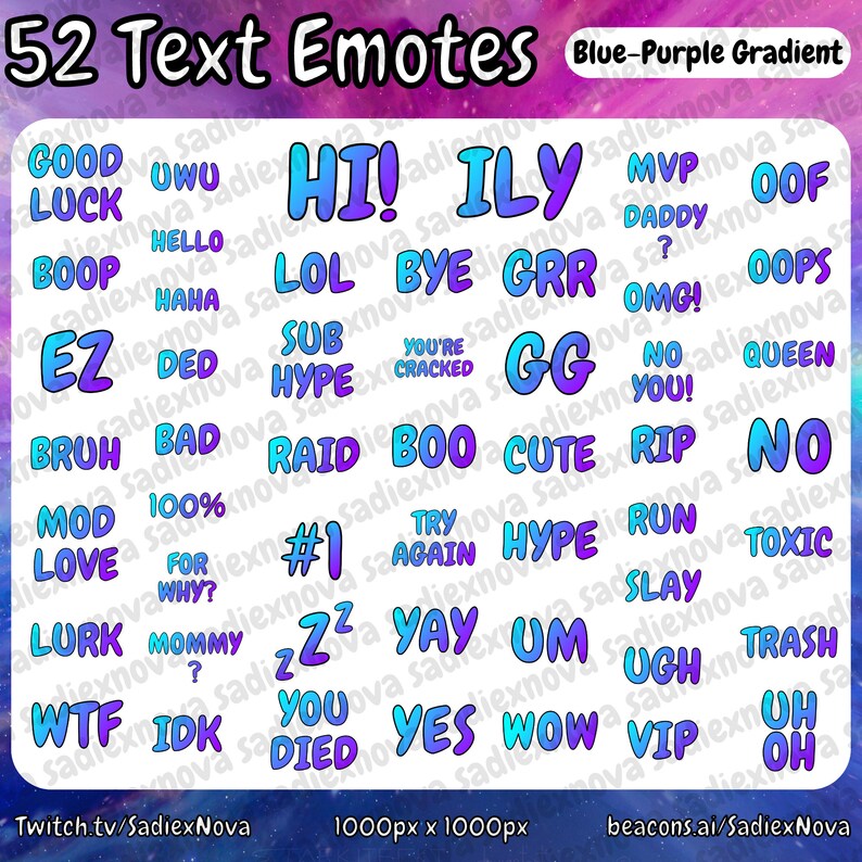 52x Text Emotes Blue to Purple Gradient Twitch Discord Hi GG Hype Mod ...