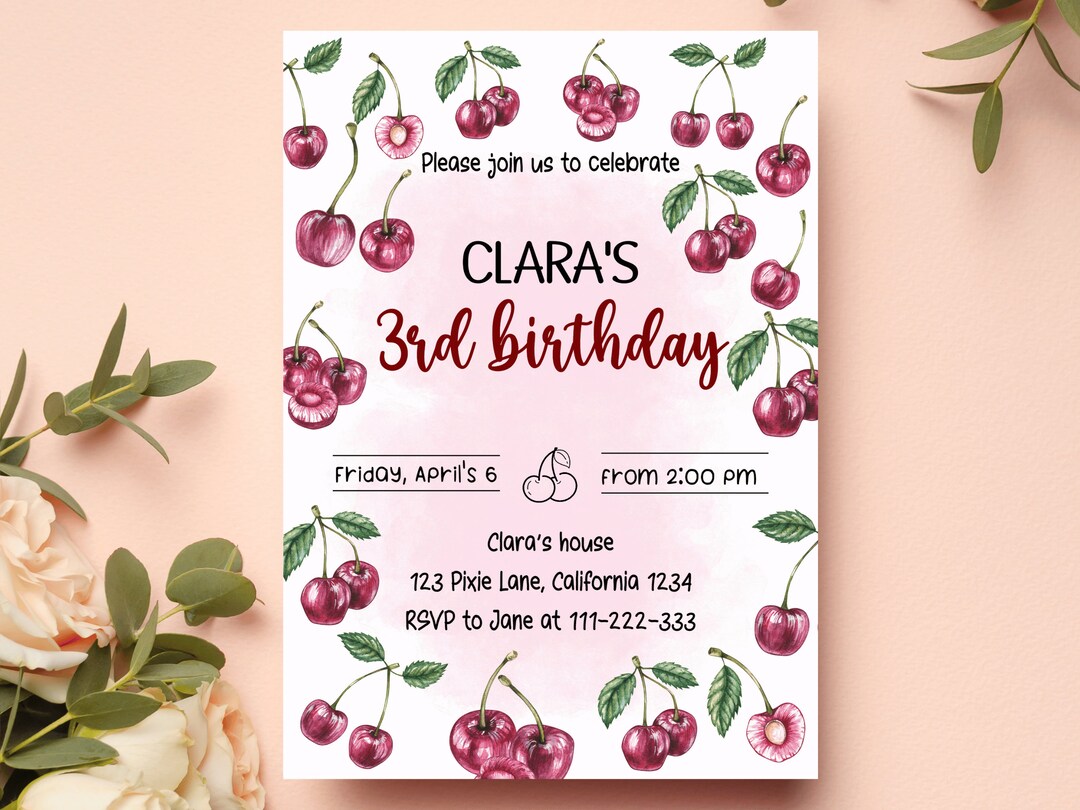 Editable Cherry Birthday Invitation Cherries Invitation Girl Cherry ...