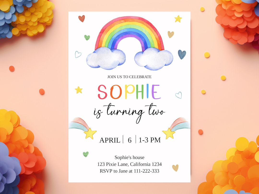 Editable Rainbow Birthday Invitation Template Rainbow Digital ...