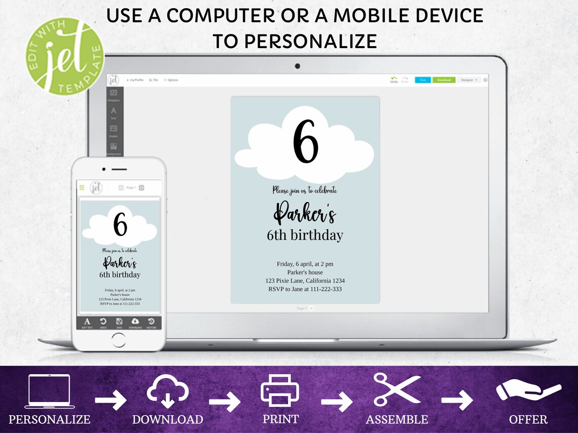 Editable Cloud Birthday Invitation Sky Invitation Boy Birthday - Etsy