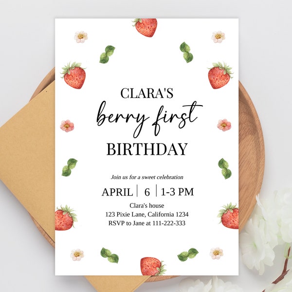 Strawberry 1st Birthday Invitation Template - Etsy