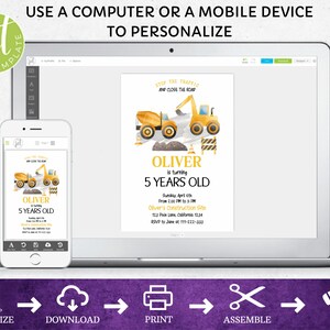 Editable Excavator Birthday Invitation Construction Invitation Boy ...