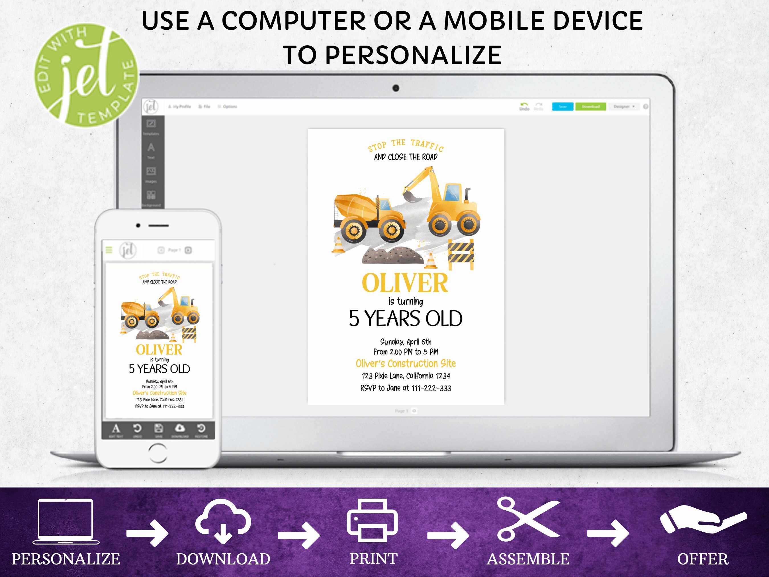 Editable Excavator Birthday Invitation Construction Invitation Boy ...