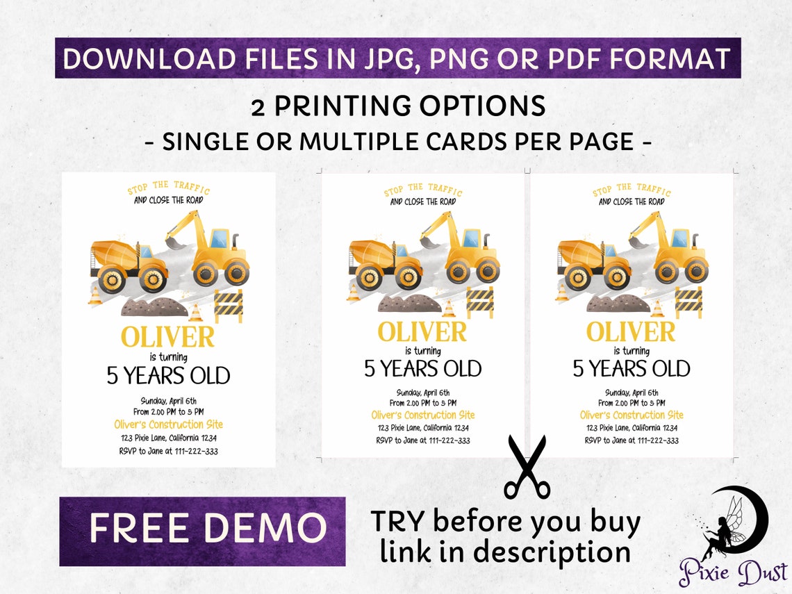 Editable Excavator Birthday Invitation Construction Invitation Boy ...