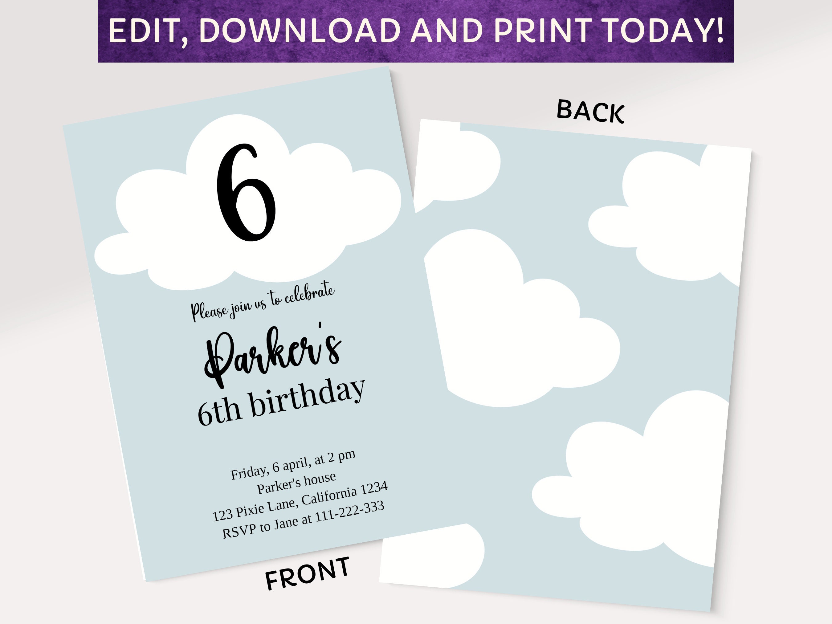 Editable Cloud Birthday Invitation Sky Invitation Boy Birthday - Etsy