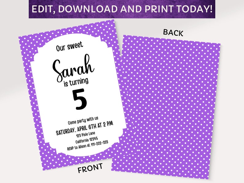 Editable Purple Polka Dots Birthday Invitation Polka Dots Etsy