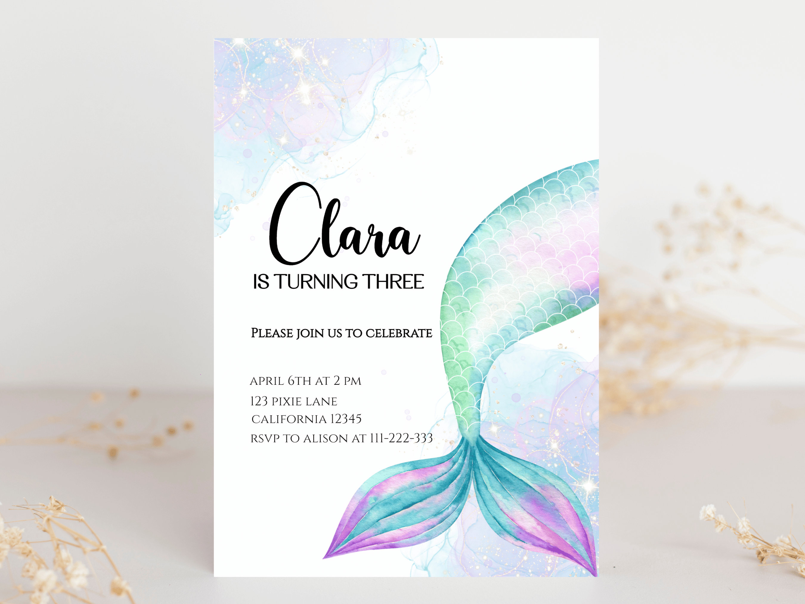 Editable Mermaid Birthday Invitation Mermaid Invitation Girl Mermaid ...