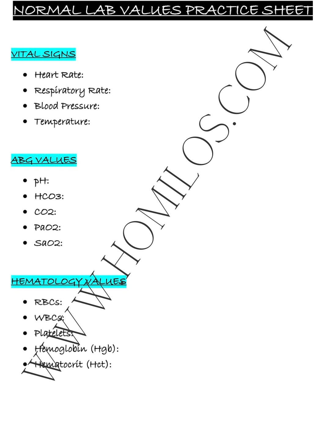 Normal Lab Values Practice Sheet Etsy
