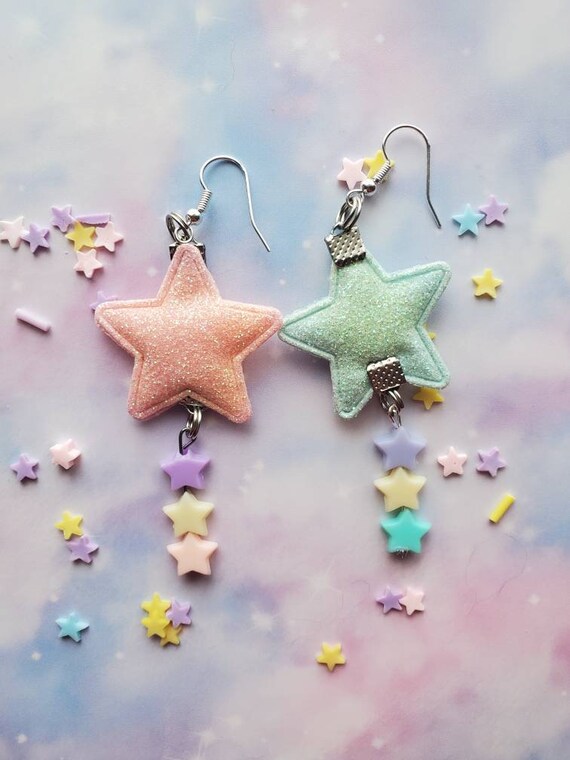 Puffy pink and blue asymmetrical star earrings