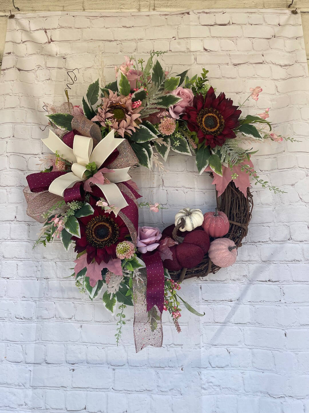 Pink Pumpkin Sunflower Fall Wreath, Home Decor, Fall Decor - Etsy