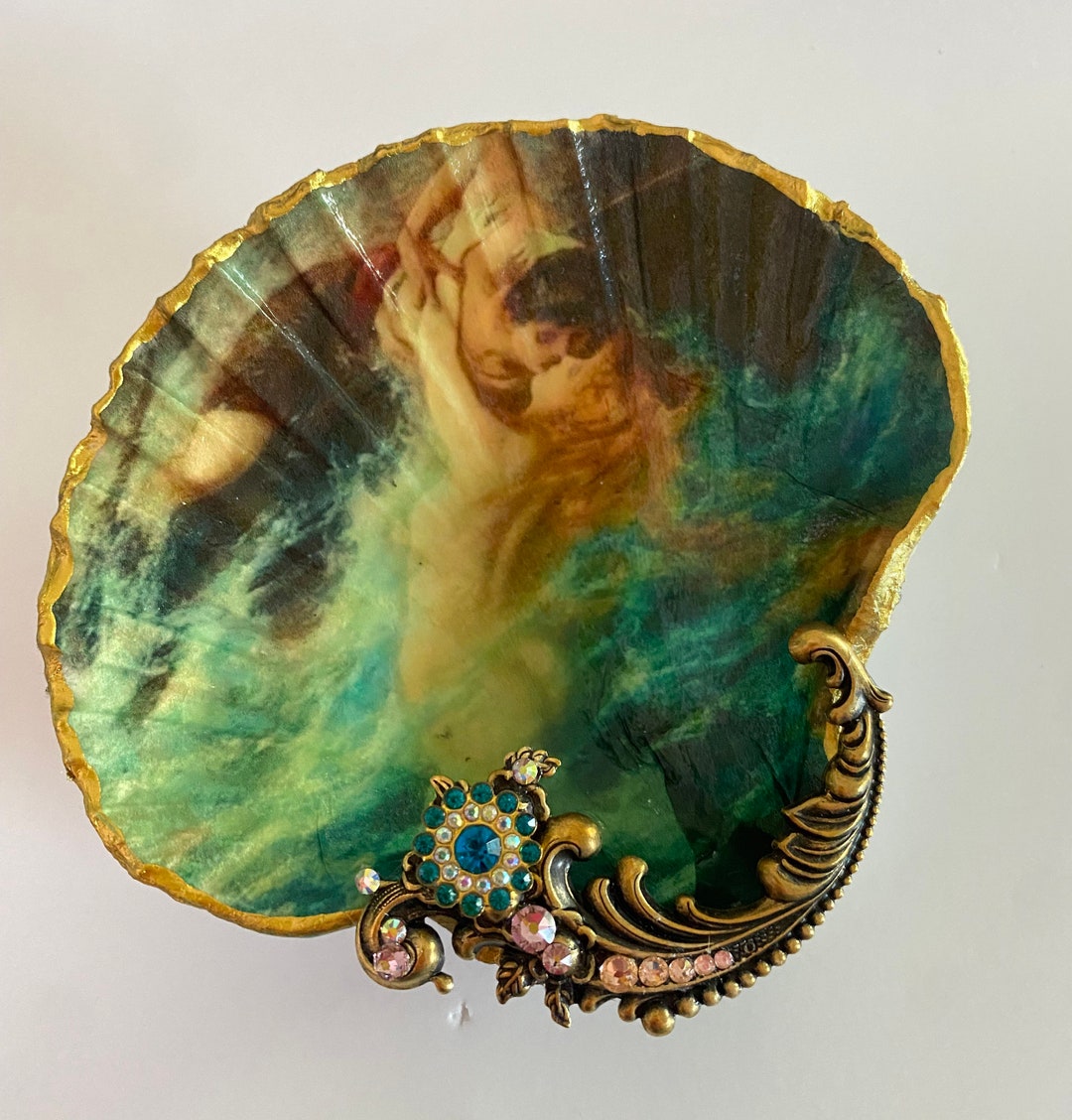 Scallop Shell Decoupage Mermaid Reaching for Lover Jewelry Dish With ...