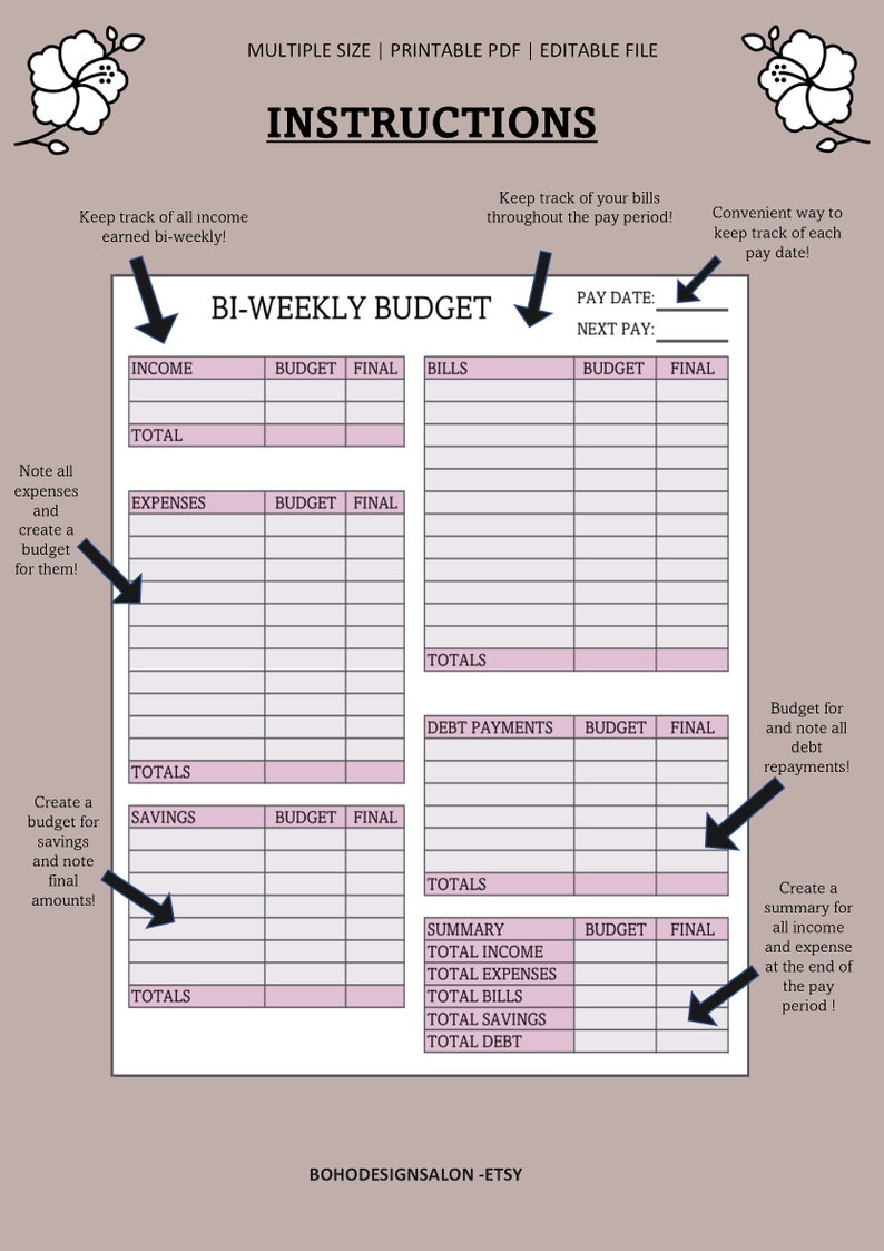Bi-weekly Budget Planner - Printable, Vertible Budget Plan, Boho Design ...