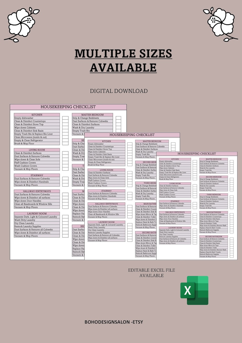 Housekeeping Checklist, Printable Template, Editable File, Cleaning ...