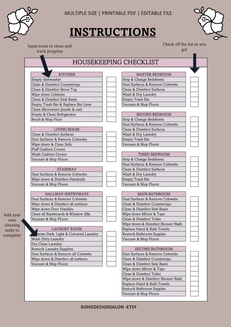 Housekeeping Checklist, Printable Template, Editable File, Cleaning ...