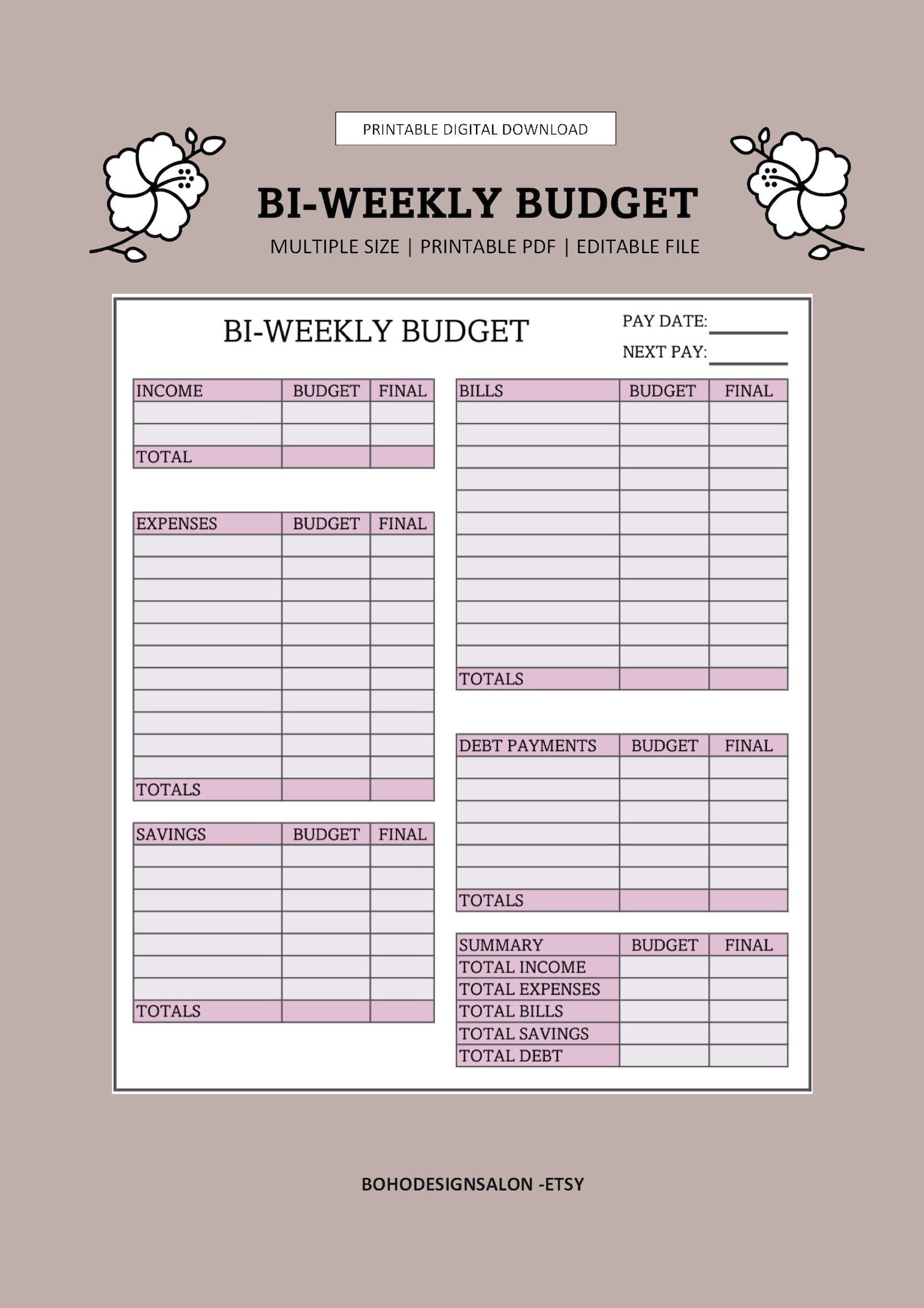 Bi-weekly Budget Planner - Printable, Vertible Budget Plan, Boho Design ...