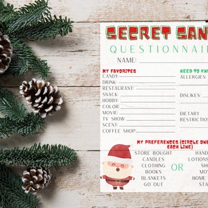 Secret Santa Questionnaire Template, Editable Secret Santa Preferences ...