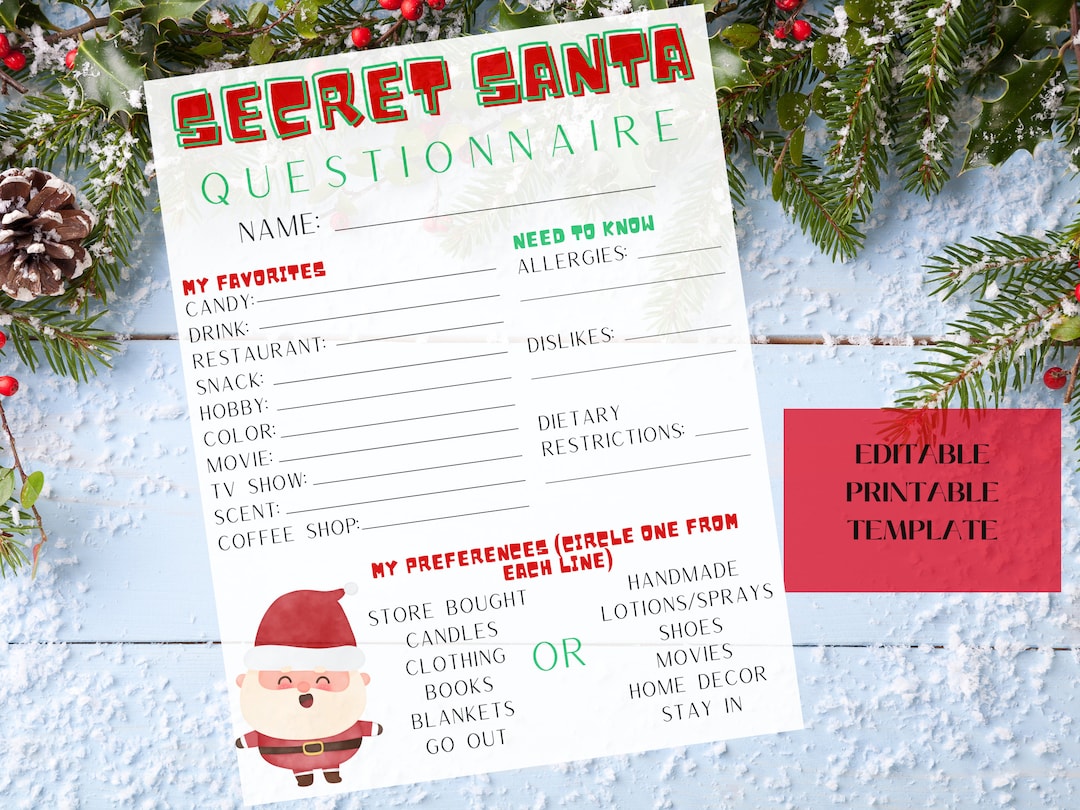 Secret Santa Questionnaire Template, Editable Secret Santa Preferences ...