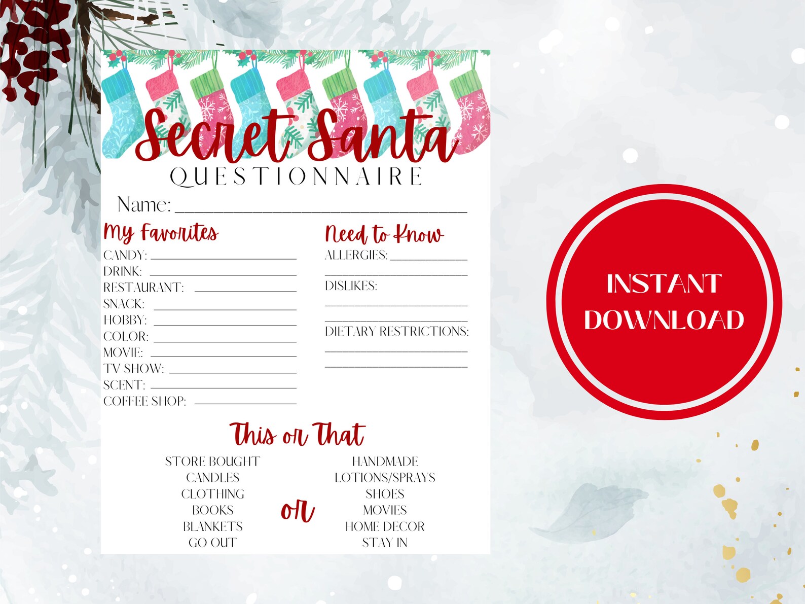 Secret Santa Questionnaire, Secret Santa Printable Question, Santa ...