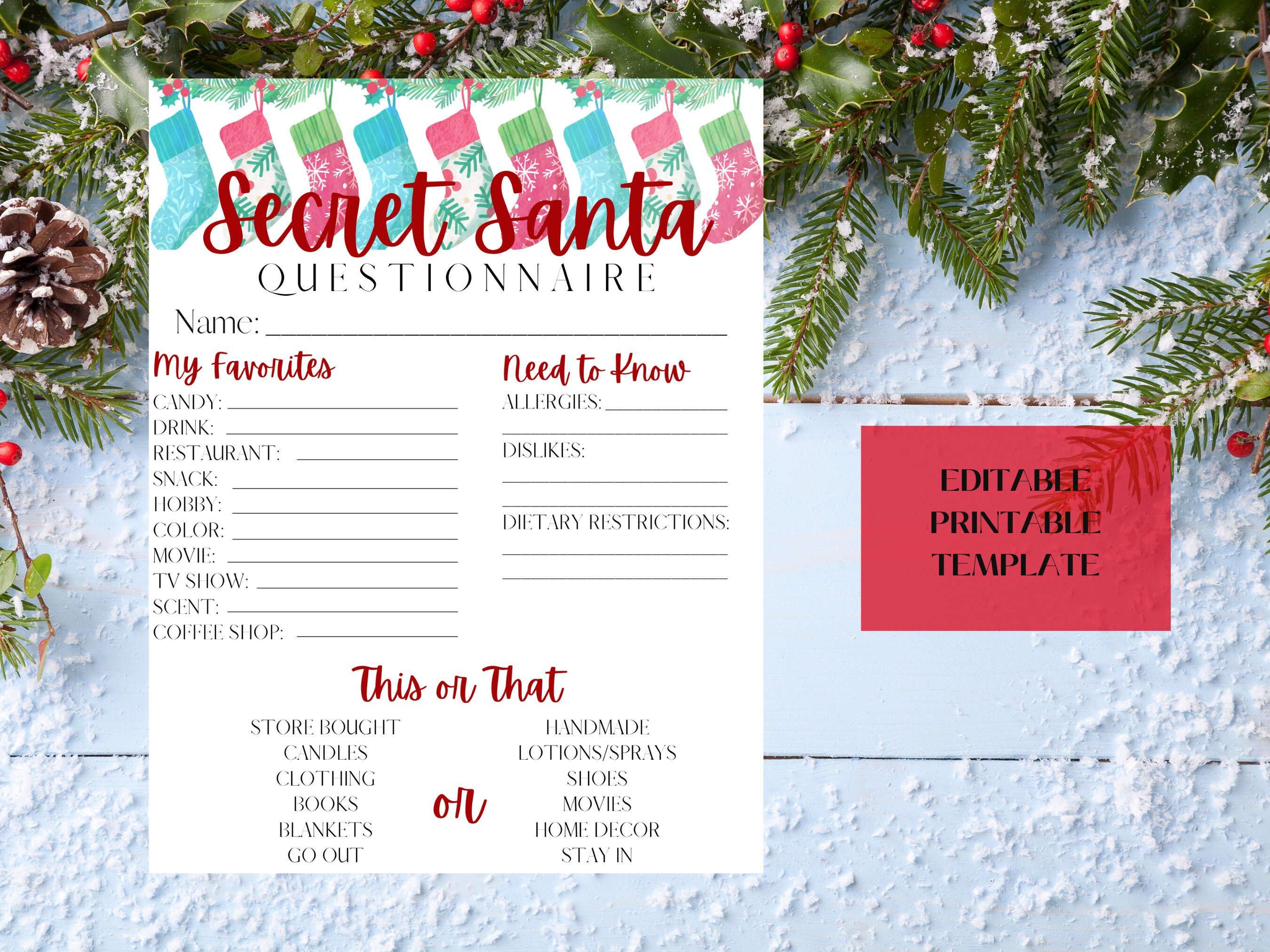 Secret Santa Questionnaire, Secret Santa Printable Question, Santa ...