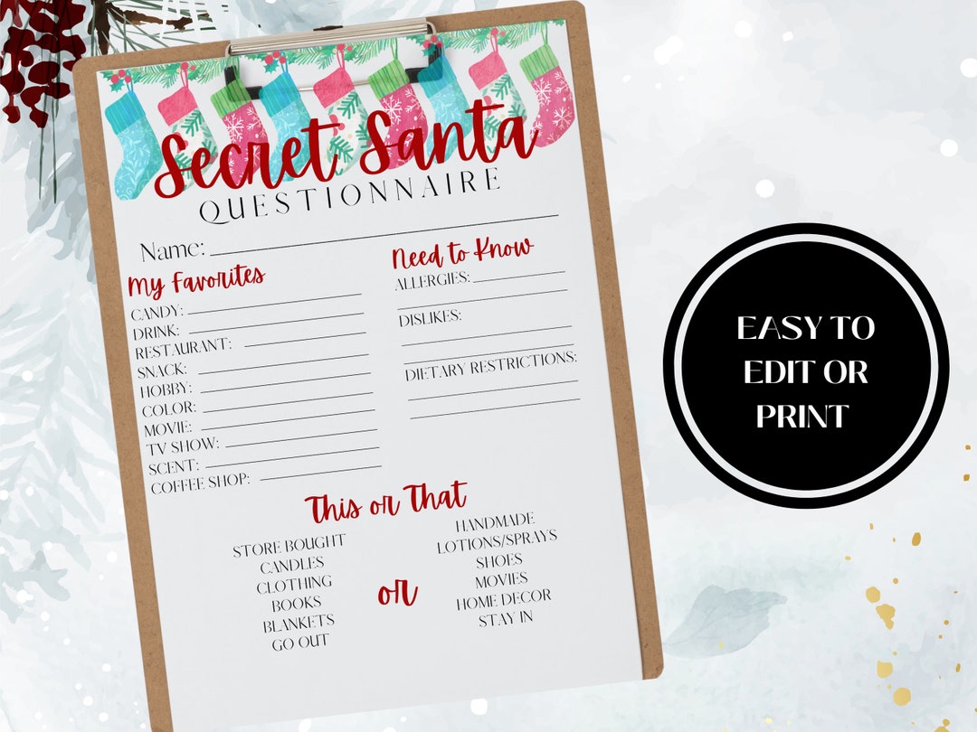 Secret Santa Questionnaire, Secret Santa Printable Question, Santa ...