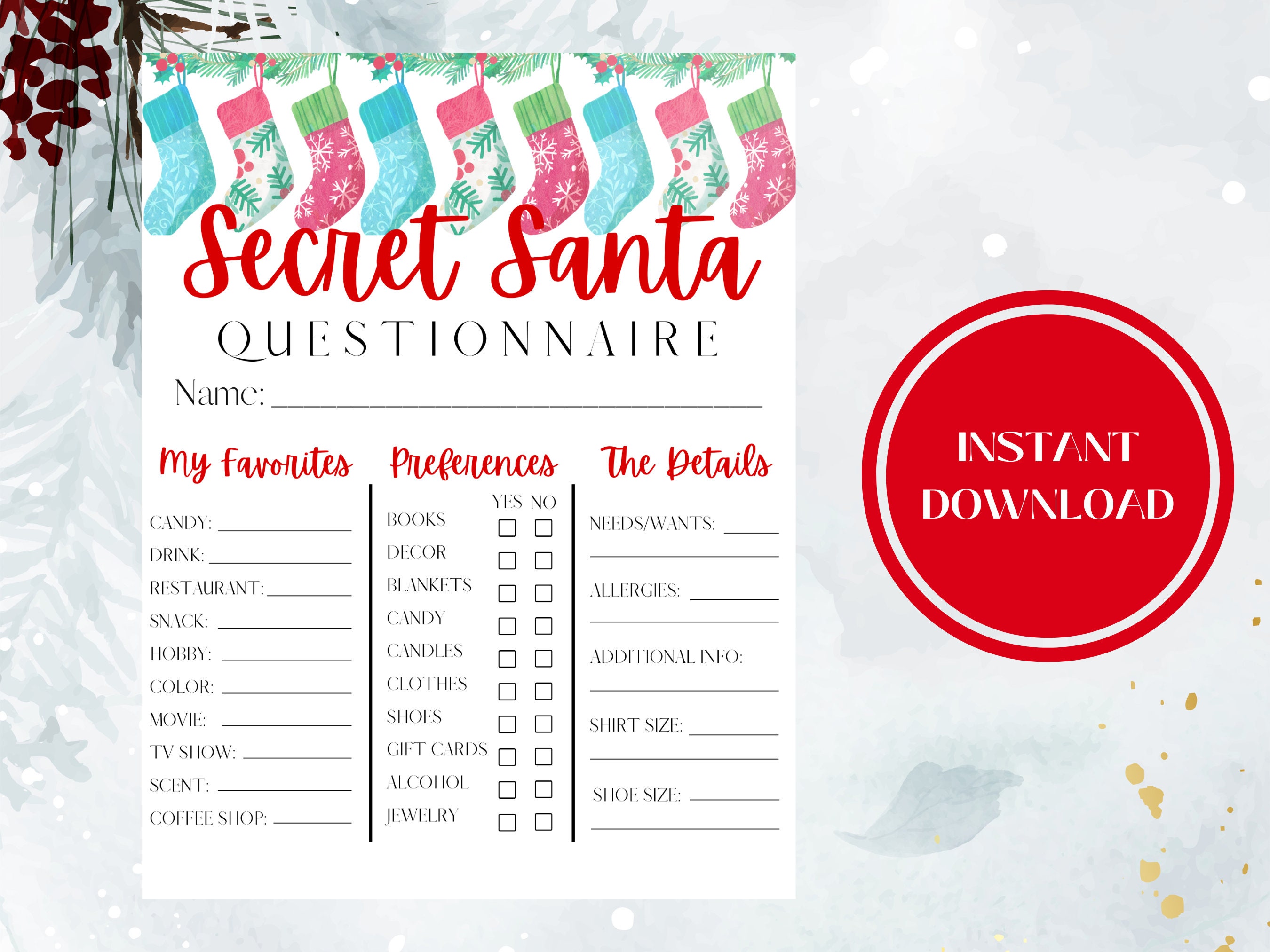 Questionnaire secret du Père Noël, Question imprimable du Père Noël ...